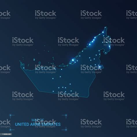 도시와 아랍 에미리트지도 빛나는 점 어두운 배경에 네온 조명 벡터 그림입니다 지도에 대한 스톡 벡터 아트 및 기타 이미지