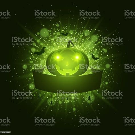 즐거운 할로윈 보내세요 빈 리본 배너입니다 녹색 조명으로 빛의 추상 밝은 플래시 그린 만화 악마 호박 거미 그리고 박쥐입니다