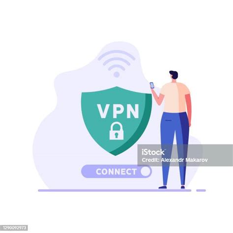 컴퓨터 나 스마트 폰에 Vpn을 사용하는 사람 Vpn 서비스로 개인 데이터를 보호하는 사용자 가상 사설망 의 개념 Сyber 보안 안전한 웹 트래픽 데이터 보호 벡터