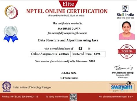 Jayshree Gupta On Linkedin Nptel Datastructures Algorithms Java Skillindia Onlinelearning