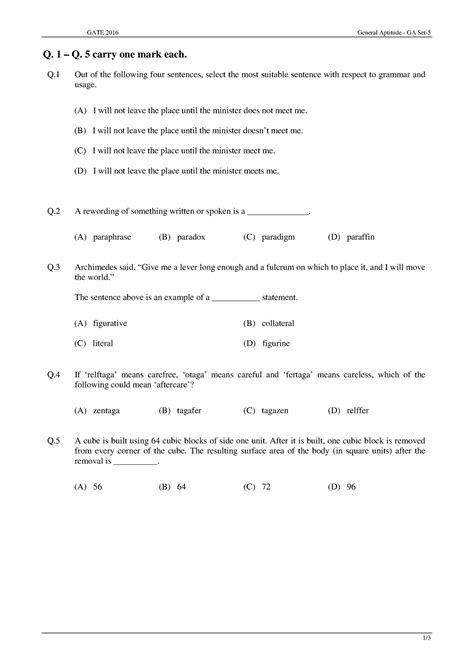 Gate 2016 Cs Question Paper Set 1 GATE 2016 General Aptitude GA Set