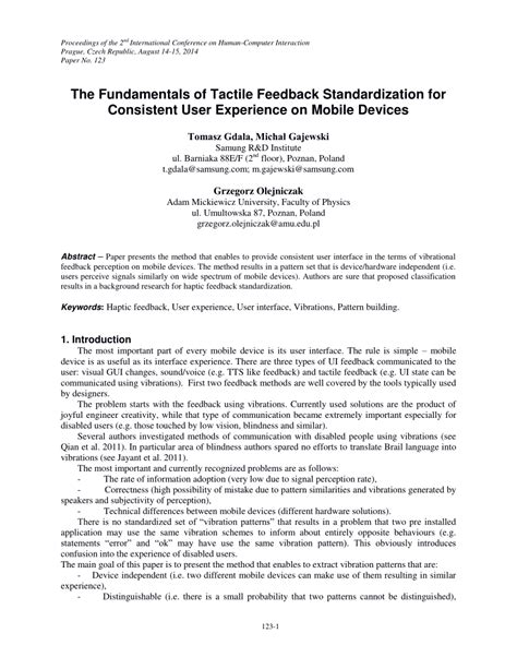 Pdf The Fundamentals Of Tactile Feedback Standardization For