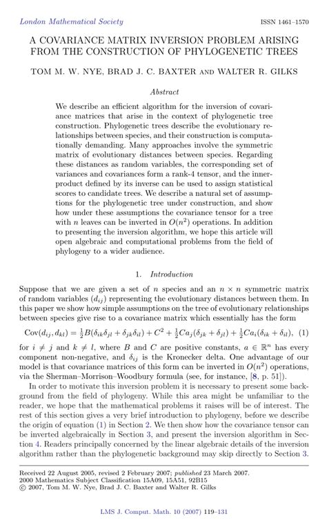 Pdf A Covariance Matrix Inversion Problem Arising From The Construction Of Phylogenetic Trees