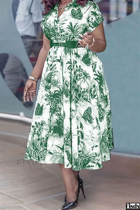 Fisdy Chic Plus Size A Line Dress With Sweet Print Patchwork Buckle