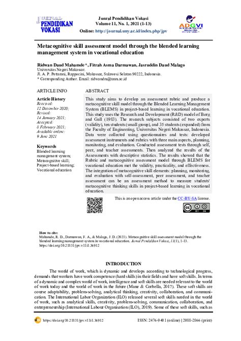Pdf Metacognitive Skill Assessment Model Through The Blended Learning Management System In