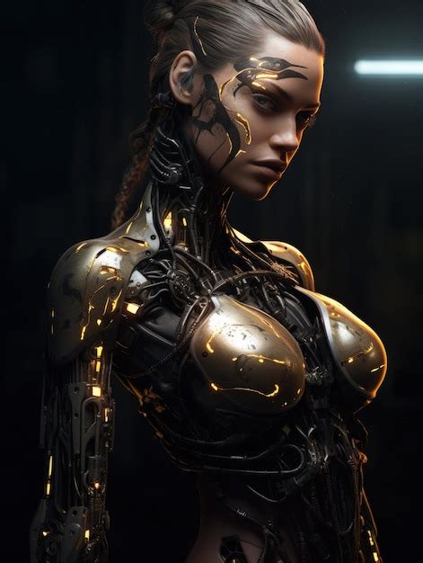 Premium Ai Image A Female Cyborg With Gold Metallic Skin And A Black