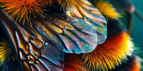 Macro Photography Of A Bumble Bee Wing With A Blue And Gold Pattern