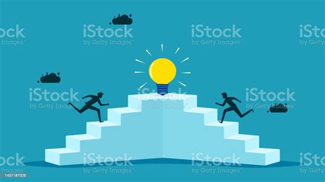 경쟁적인 동기 부여와 지식 사업가는 전구를 얻기 위해 계단을 뛰어 올라간다 Championship에 대한 스톡 벡터 아트 및