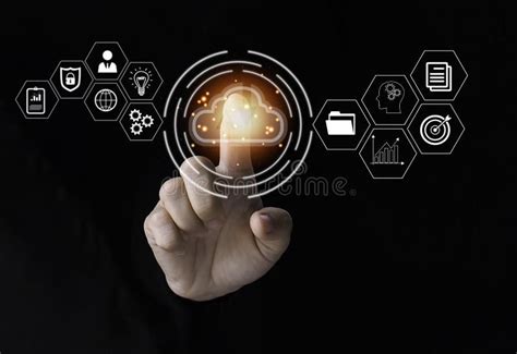 Hand Touching Infographic Cloud Computing And Technology Icons Data Storage Stock Image