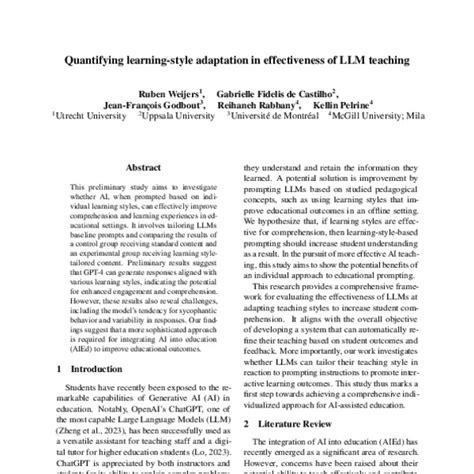 Quantifying Learning Style Adaptation In Effectiveness Of Llm Teaching Acl Anthology