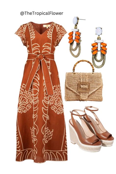 Tropical Brown Midi Dress Brown Peep Toe Wedges Woven Purse Bag