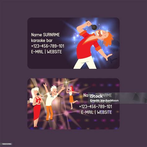 명함 벡터 일러스트의 가라오케 바 세트입니다 노래방에서 노래하고 춤을 추는 사람들 여성과 남성은 마이크와 함께 연주 재미 가수