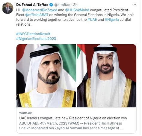Uae Leaders Congratulate President Elect Bola Ahmed Tinubu Pics