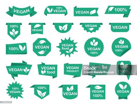비건 녹색 라벨 세트 채식주의 자 제품 홍보를 위한 비건 리본 배너 및 태그 포장 식품을위한 채식 주의 자 스티커 건강한 음식을 위한 컬렉션 로고와 배지 벡터 그림입니다