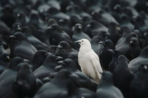 A White Crow Among Many Black Crows Stock Image Image Of Wild
