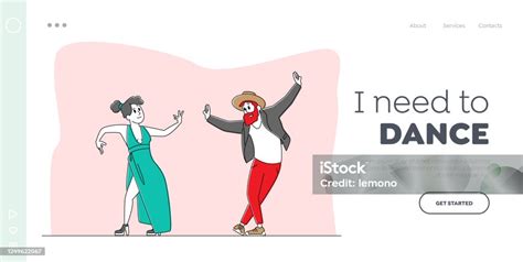 캐릭터는 현대 댄스 방문 페이지 템플릿을 수행합니다 디스코 파티 또는 장면에서 춤을 추는 사람들 패션 남자와 여자는 음악 리듬 해피 레저 또는 여가 시간으로 몸을 이동합니다