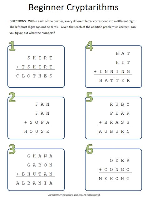 Free Printable Beginning Cryptarithms
