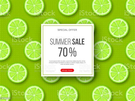 여름 판매 배너 슬라이스 라임 조각 및 점선된 패턴 녹색 배경계절 할인 벡터 일러스트 레이 션에 대 한 템플릿 3차원 형태에 대한 스톡 벡터 아트 및 기타 이미지 Istock