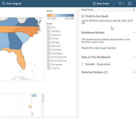 使用数据指南浏览仪表板 Tableau