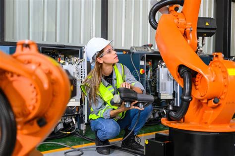 Female Engineer Worker Working With Robotic Machine Automation Stock