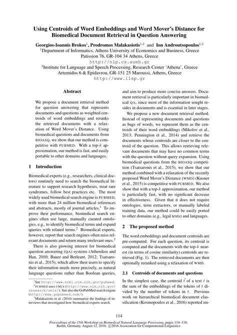 Pdf Using Centroids Of Word Embeddings And Word Movers Distance For Biomedical Document
