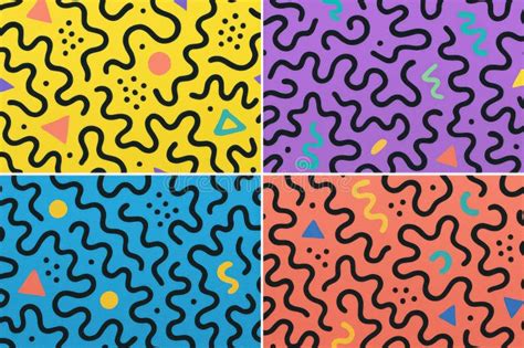 Bold Colorful Vector Illustration In Memphis Style With Abstract Shapes And Squiggly Lines On