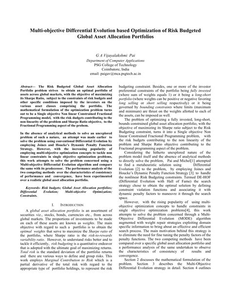 Pdf Multi Objective Differential Evolution Based Optimization Of Risk Budgeted Global Asset