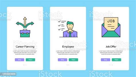 플랫 아이콘이 있는 모바일 앱 페이지 화면의 작업 및 이력서 개념 Ux Ui 디자인 템플릿 벡터 일러스트레이션 0명에 대한 스톡