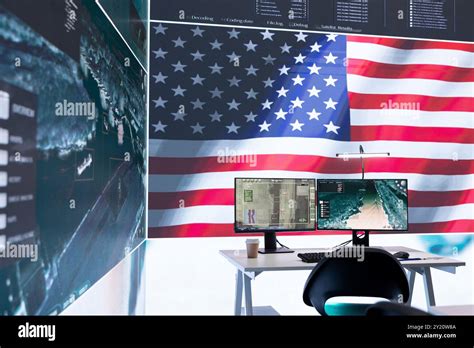 Empty Army Command Center With Big Data Presents The American Flag Top Secret Armed Forces