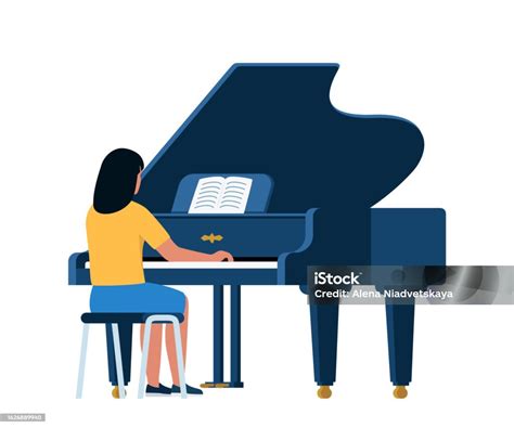심포니 오케스트라를 위해 그랜드 피아노로 작곡을 하거나 무대에서 오페라 공연을 하는 여성 피아니스트 현장에서 공연하는 재능 있는 아티스트 벡터 그림입니다 Classical