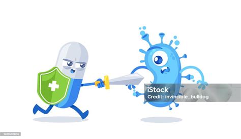 약은 바이러스와 싸우고 바이러스 감염에 맞서 싸우는 방패와 칼을 들고 컴팩트 한 형태의 강력한 치료법입니다 박테리아에 대한 스톡 벡터 아트 및 기타 이미지 Istock