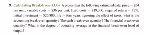 Solved 9 Calculating Break Even Lo3 A Project Has The