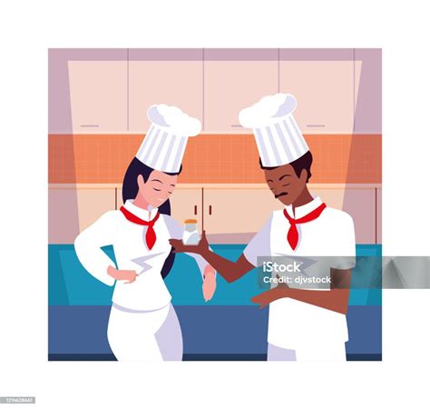 몇 명의 사람들이 요리 흰색 유니폼을 입은 요리사 부부 가정 주방에 대한 스톡 벡터 아트 및 기타 이미지 가정 주방 가정의