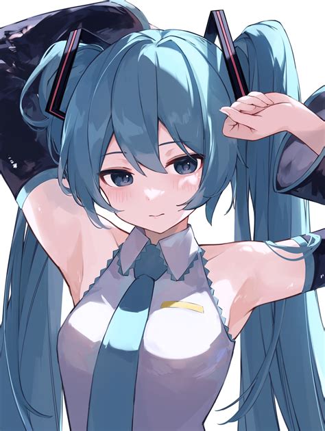 Safebooru 1girl Armpits Arms Up Black Sleeves Blue Eyes Blue Hair