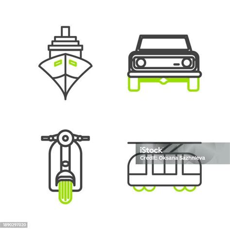 세트 라인 트램 및 철도 스쿠터 오프로드 자동차 및 화물선 아이콘 벡터 4x4 자동차에 대한 스톡 벡터 아트 및 기타 이미지 4x4 자동차 교통수단 다중 색상