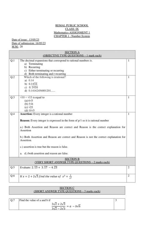 Remal Public Schoolclass Ixmathematics Assignment 1chapter L Number