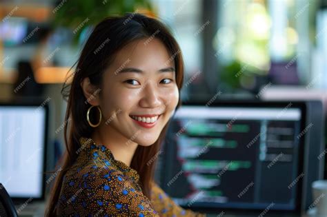 Smiling Asian Woman Programmer Coding Computer Software Development Concept Premium Ai