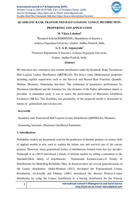 Pdf Quadratic Rank Transmuted Half Logistic Lomax Distribution Properties And Application