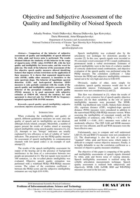 Pdf Objective And Subjective Assessment Of The Quality And Intelligibility Of Noised Speech