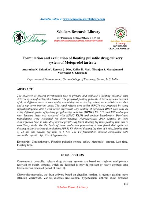 Pdf Formulation And Evaluation Of Floating Pulsatile Drug Delivery System Of Metoprolol Tartrate