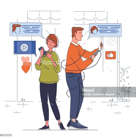 소셜 미디어 중독이 있는 사람들 소셜 네트워크에서 게시물과 댓글을 가진 남자와 여자 정신적 심리적 문제 가제트 중독 선형 벡터 그림 Brand Name Online