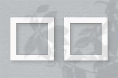 회색 벽 배경에 흰색 질감종이 두 개의 사각형 시트입니다 식물 그림자의 오버레이와 모형 자연 광은 이국적인 식물의 잎에서 그림자를 투사합니다 플랫 레이 상단 보기 0명에