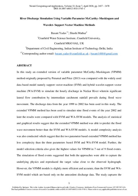 Pdf River Discharge Simulation Using Variable Parameter Mccarthymuskingum And Wavelet Support