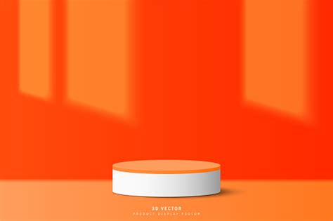 추상적인 주황색 흰색 3d 실린더 연단 받침대 무대는 벽에 창 그림자가 있는 제품 전시를 위해 현실적입니다 창문을 통해 태양이 빛나는 장면 디자인 3d 벡터 렌더링 기하학적