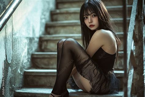 Beautiful Young Japanese Woman Wearing Black Sheer Tights And A Mini
