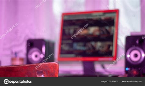 Site With Adult Content Empty Chair In Front Of The Computer Pink Room Stock Photo