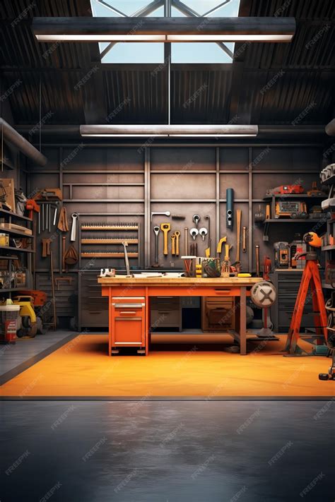 premium photo large garage space with empty workbench for tools or