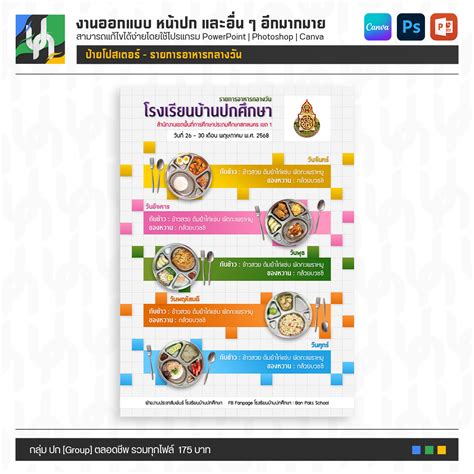 ปก ป้ายโปสเตอร์ รายการอาหารกลางวันประจำสัปดาห์ แก้ไขด้วยโปรแกรม Powerpoint Photoshop และ