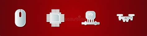 set computer mouse processor with microcircuits cpu smart sensor and drone flying icon vector