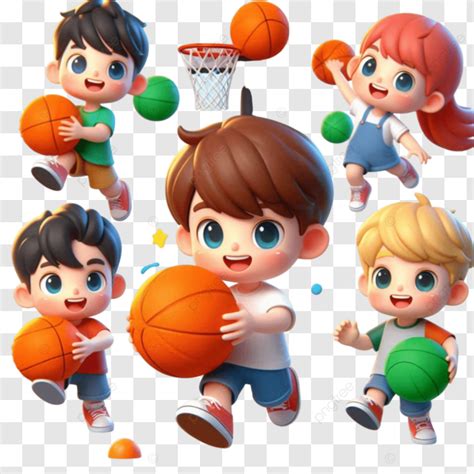 귀여운 소년은 친구의 그룹 3d 애니메이션과 투명한 배경을 가지고 바스켓 공을 친다 귀여운 소년은 친구 그룹과 함께 바스켓 공을 친다 3d 애니메이션 그리고 투명한
